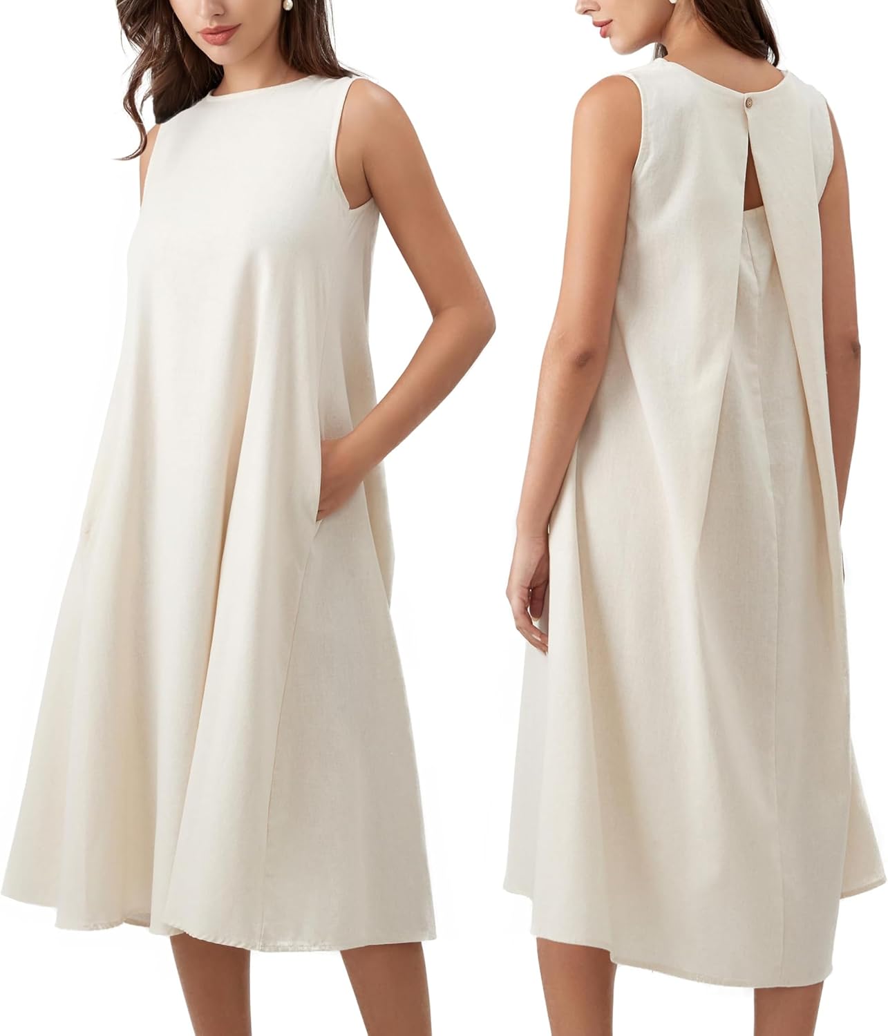 Lady Cute Linen-Cotton Pure Dress O Neck Open Pleated Back Loose Fit ...