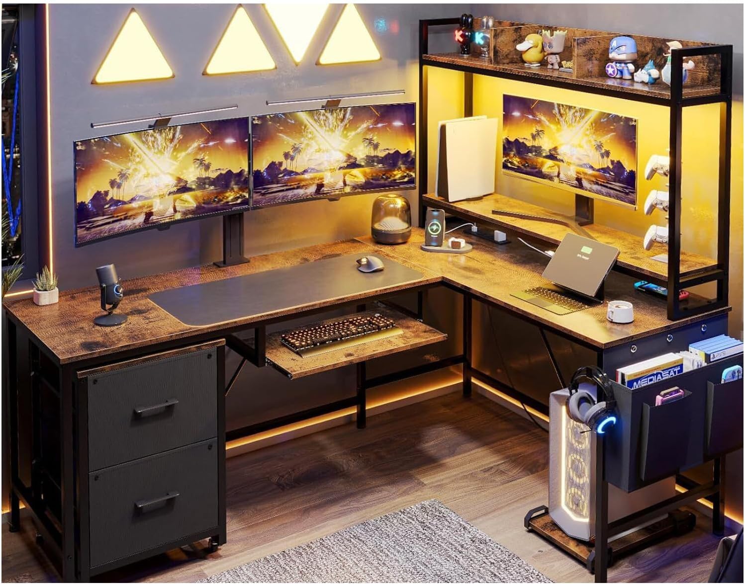 Amazon.com: Thaweesuk Shop New Brown Modern L Shaped LED Gaming Desk ...
