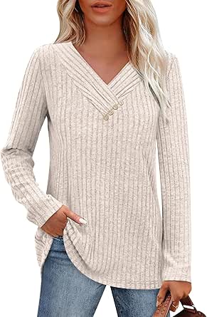 Amazon.com: Sweaters for Women Ribbed Knit Long Sleeve Shirts V Neck ...