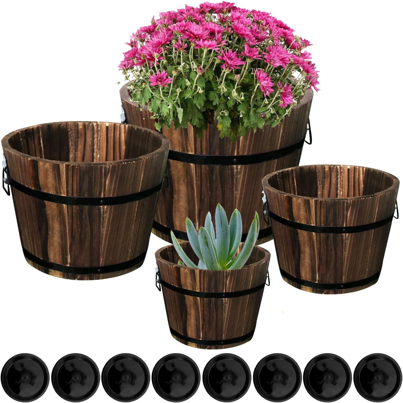 Amazon.com : 3 Pcs Wooden Planter Barrel Set, Wooden Bucket Barrel ...