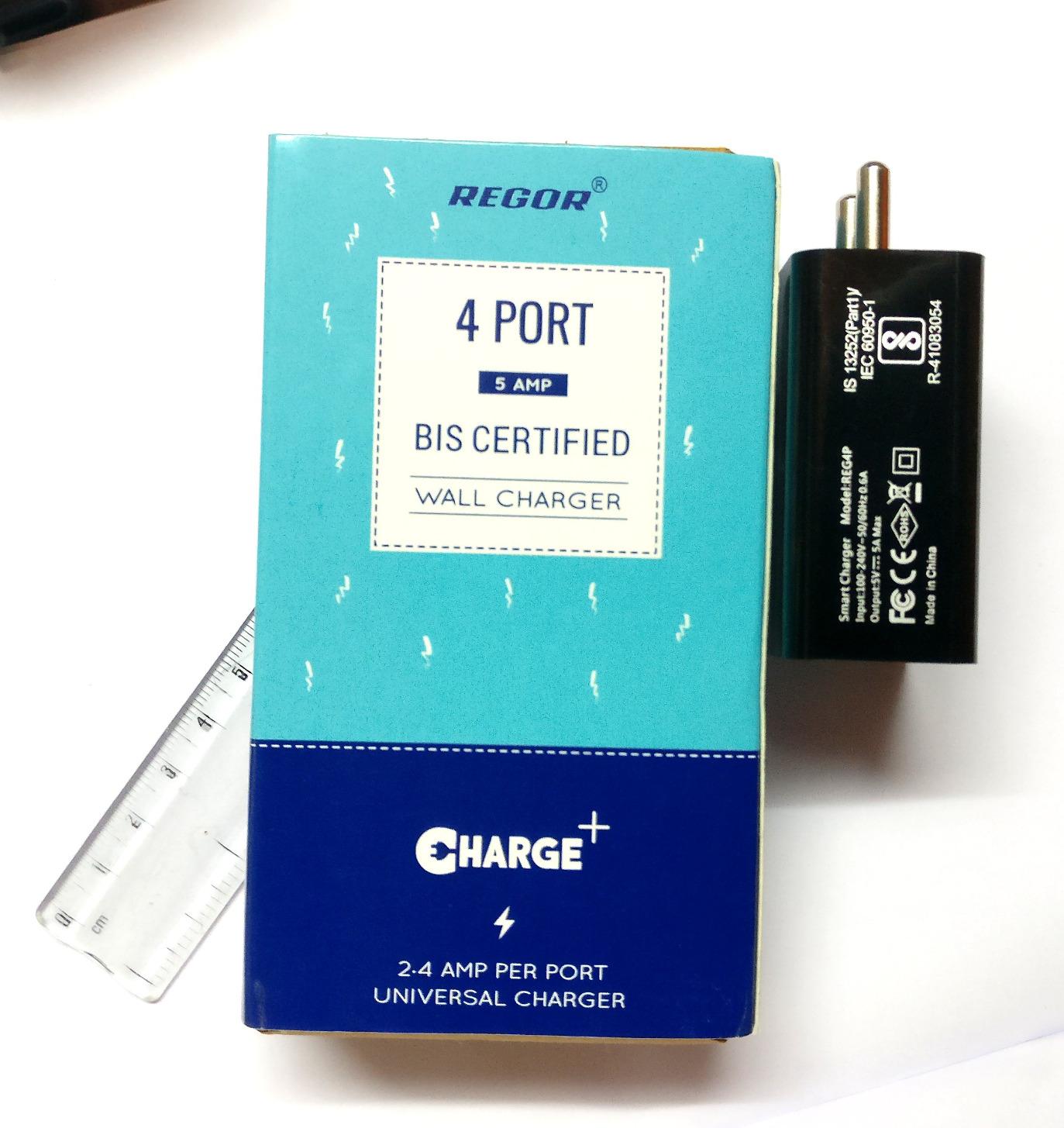 Regor [4 Port] 5 Amp Wall Charger Adapter/BIS Certified/Indian Plug for ...