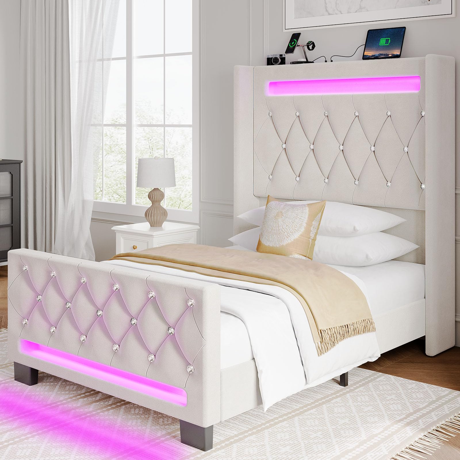 Amazon.com: Rolanstar Twin Bed Frame with LED Light and Charging ...
