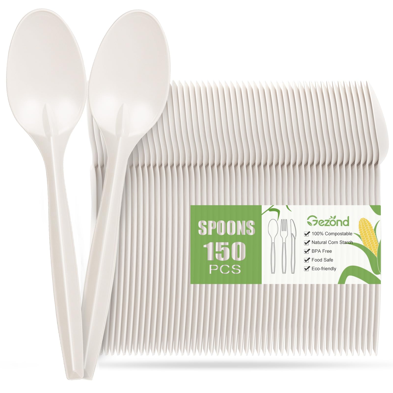 Gezond 150 Count Compostable Spoons White Heavyweight Spoons 6.7 Inch ...