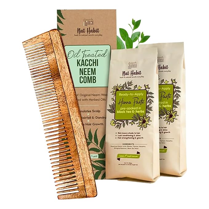 Buy Nat Habit Dual Tooth Wooden Kacchi Neem Comb & Henna Paste Soaked ...