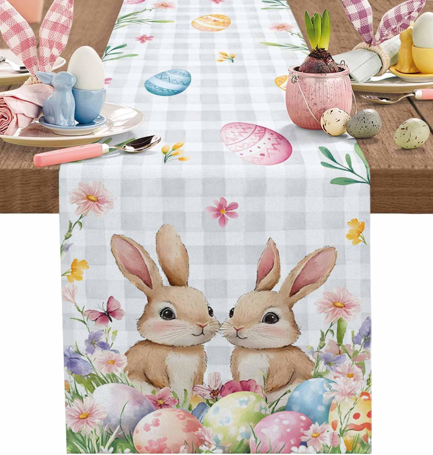 Amazon.com: Easter Table Runner 13x72 Inches Long Bunny Eggs Table Runners Washable Cotton Linen ...