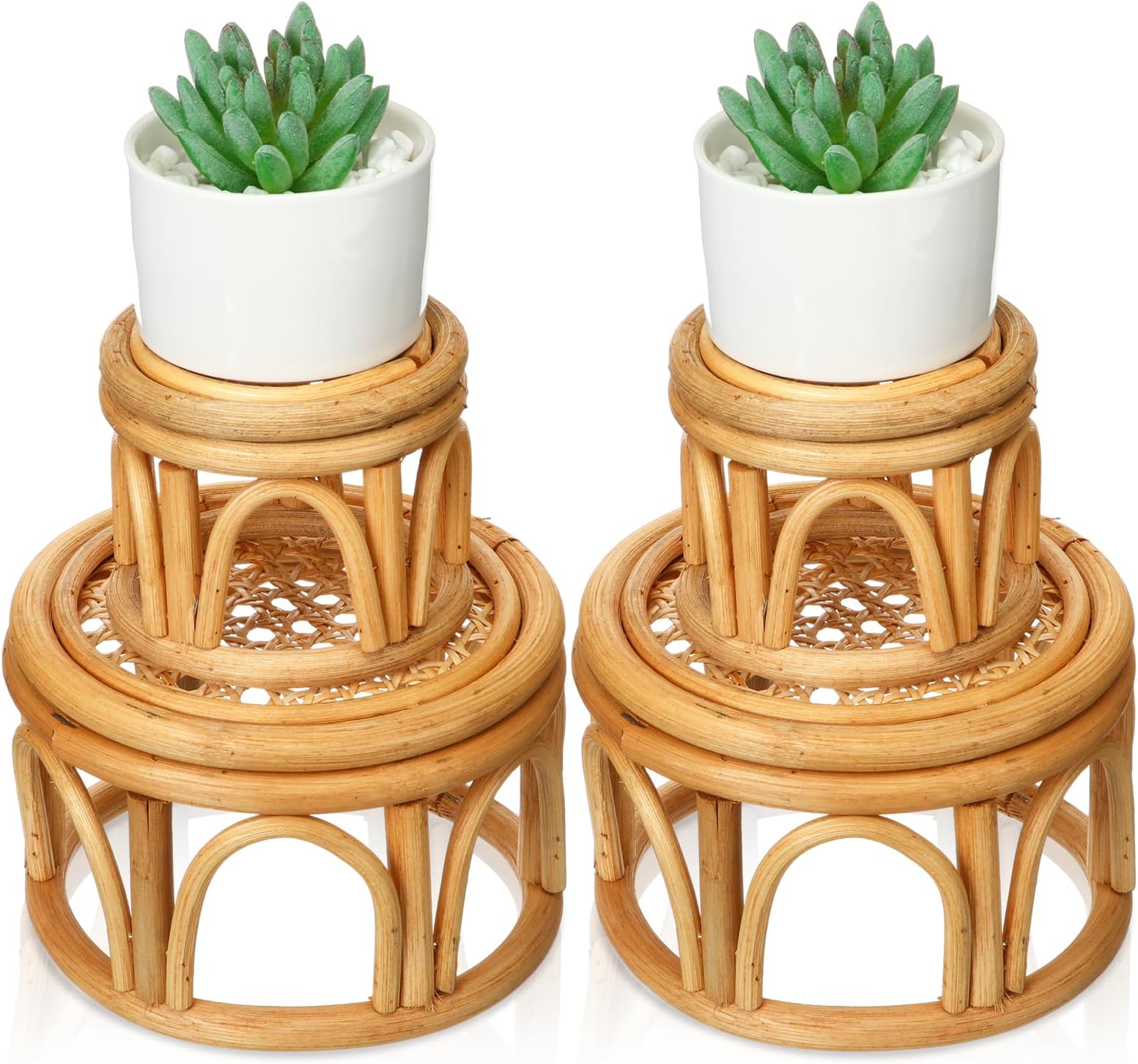 Amazon.com: Wenqik 4 Pcs Boho Rattan Plant Stand Woven Wicker Round ...