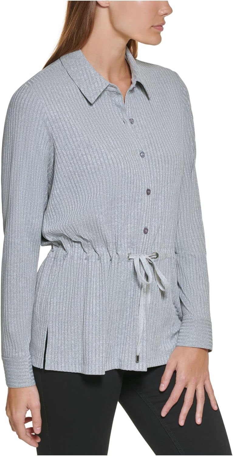 Amazon.com: Calvin Klein Womens Cinch Waist Ribbed Button-Down Top Gray ...