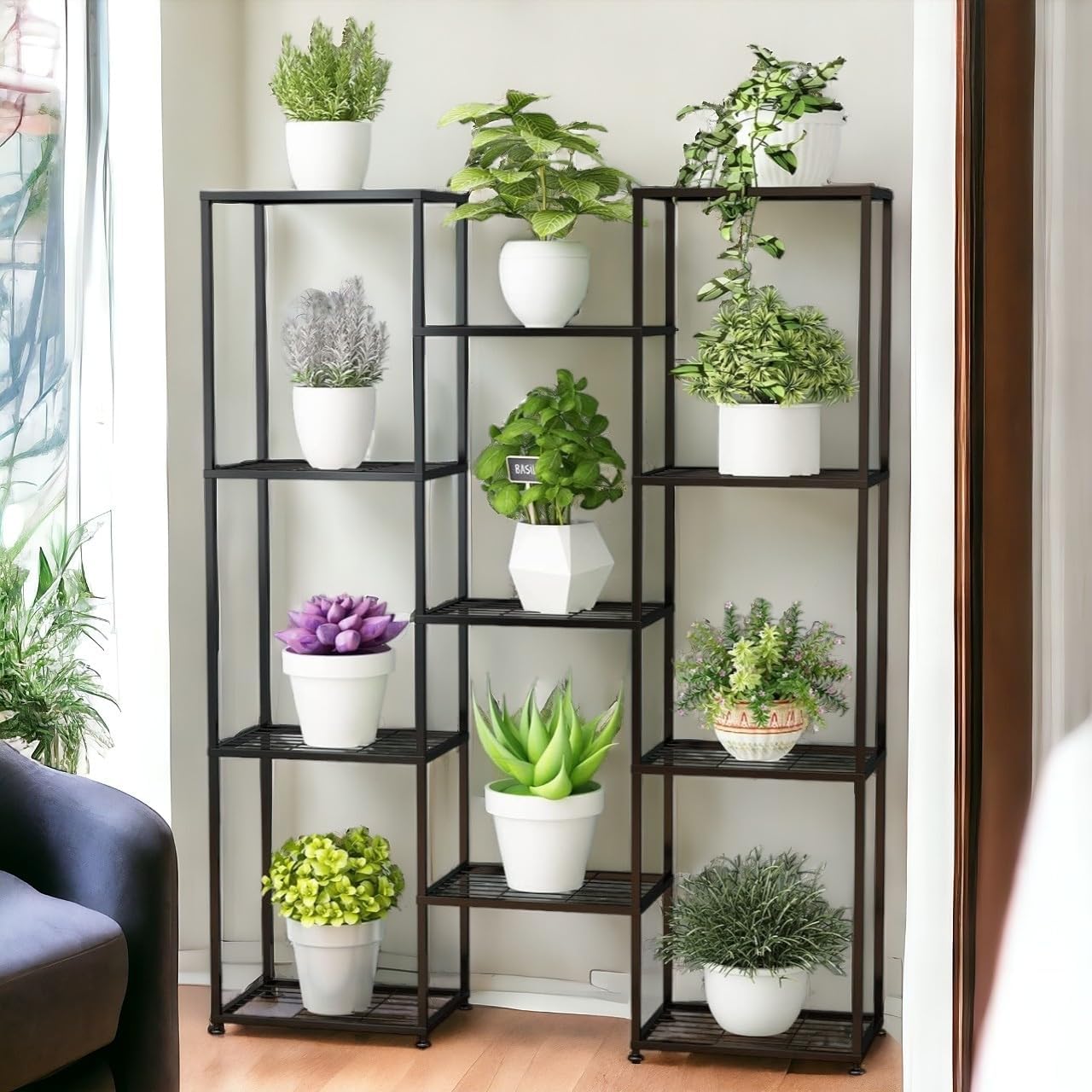 Keeva 8 Step Long Plant Stand (Black) For Balcony, Living Room, Flower ...