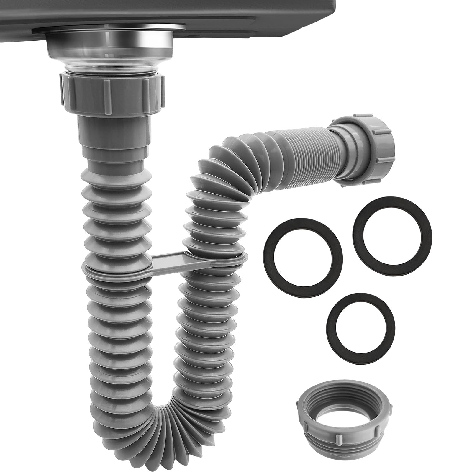 Amazon.com: Flexible Sink Drain Pipe P Trap 1-1/2" (Grey), 1 1/4 to 1 1 ...