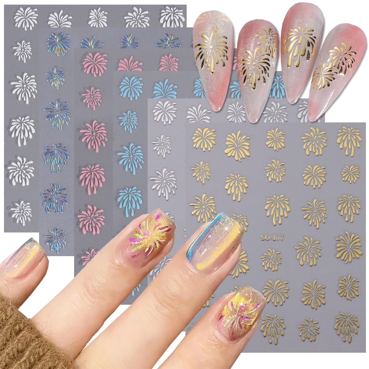 Amazon.com: 6Sheets Designer Nail Art Stickers Colorful Fireworks Nail ...