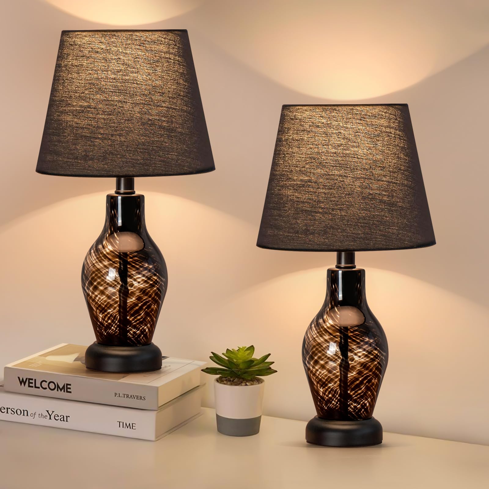 ONEWISH Small Bedside Table Lamp Set of 2, Wine Bottle Shape Glass Body ...