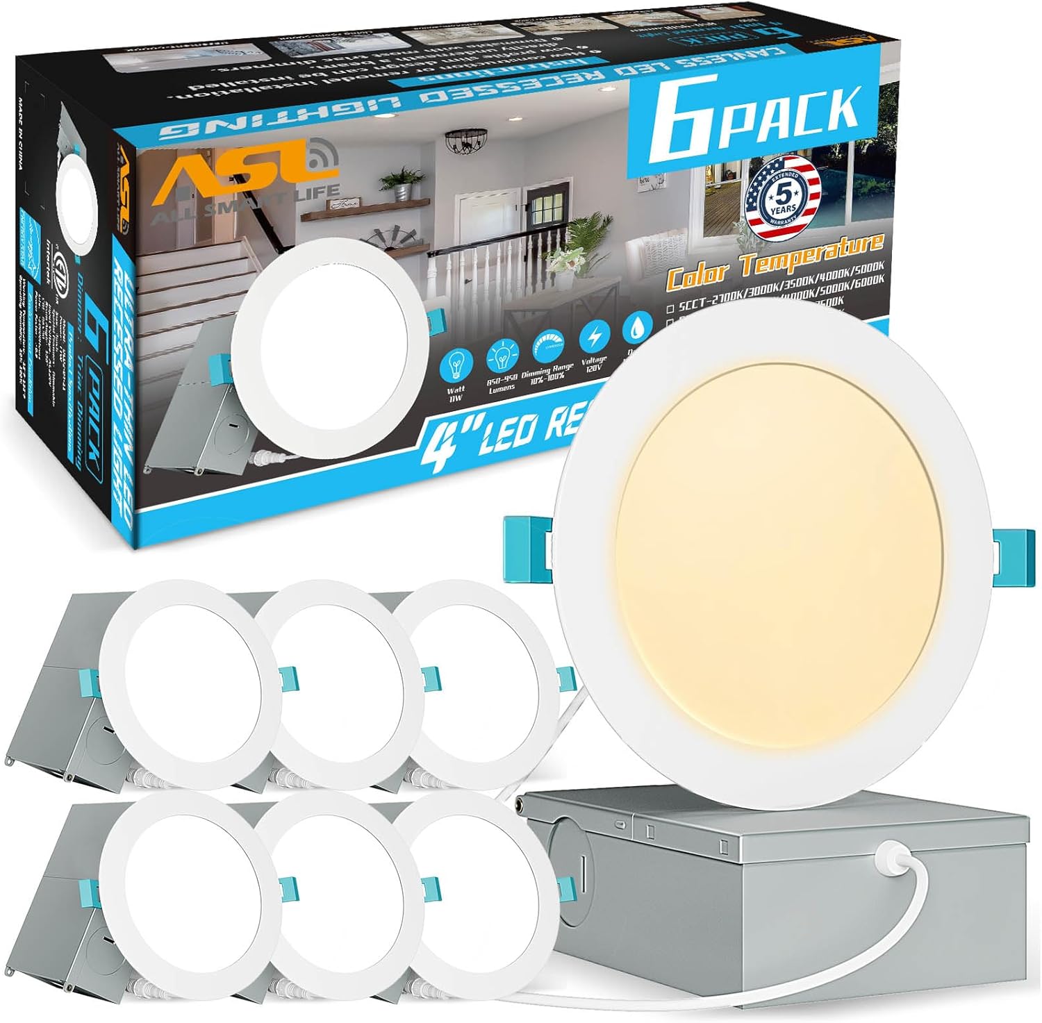 Allsmartlife 6-Pack 4 Inch LED Recessed Light, 3000K 11W=75W 950LM ...
