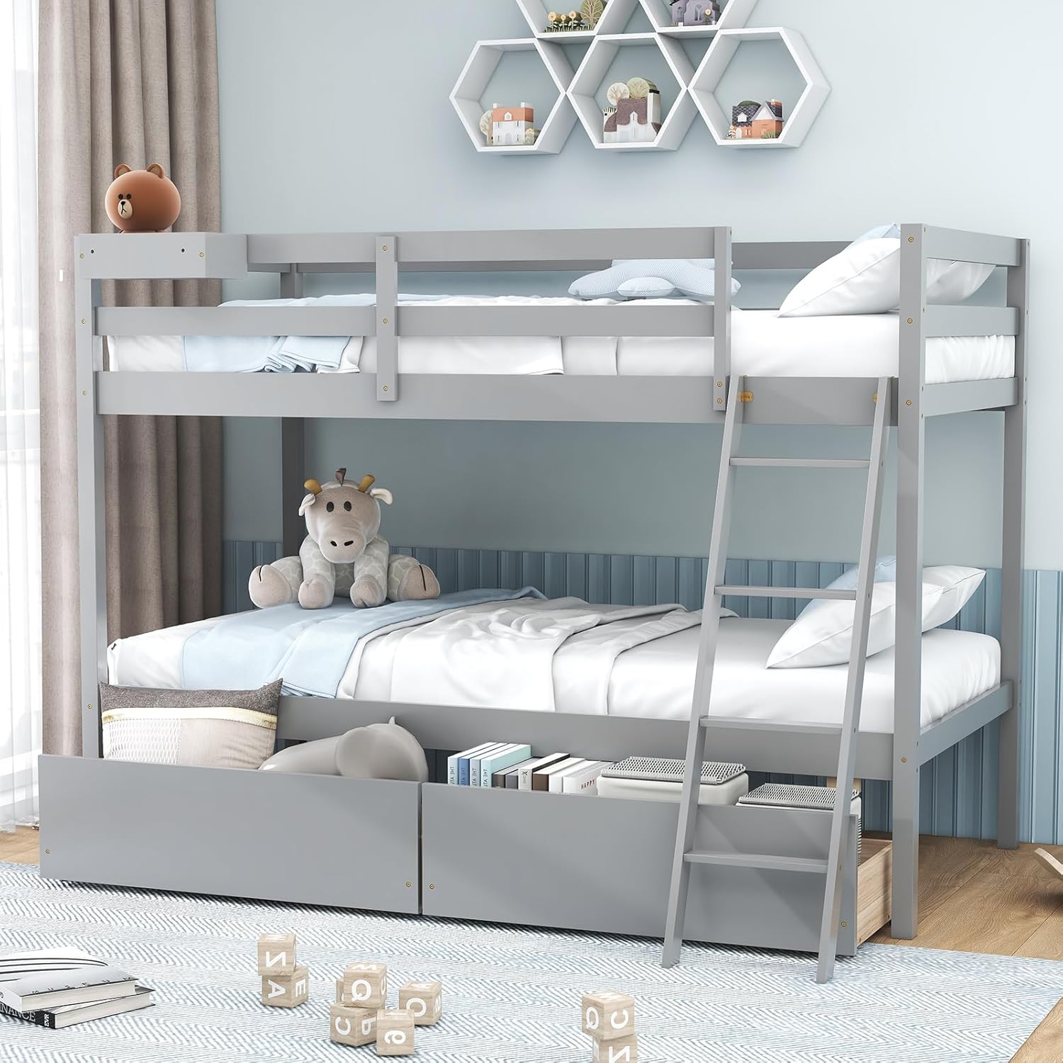 Amazon.com: KOMFOTT Twin Over Twin Bunk Bed with 2 Roll-Out Drawers ...