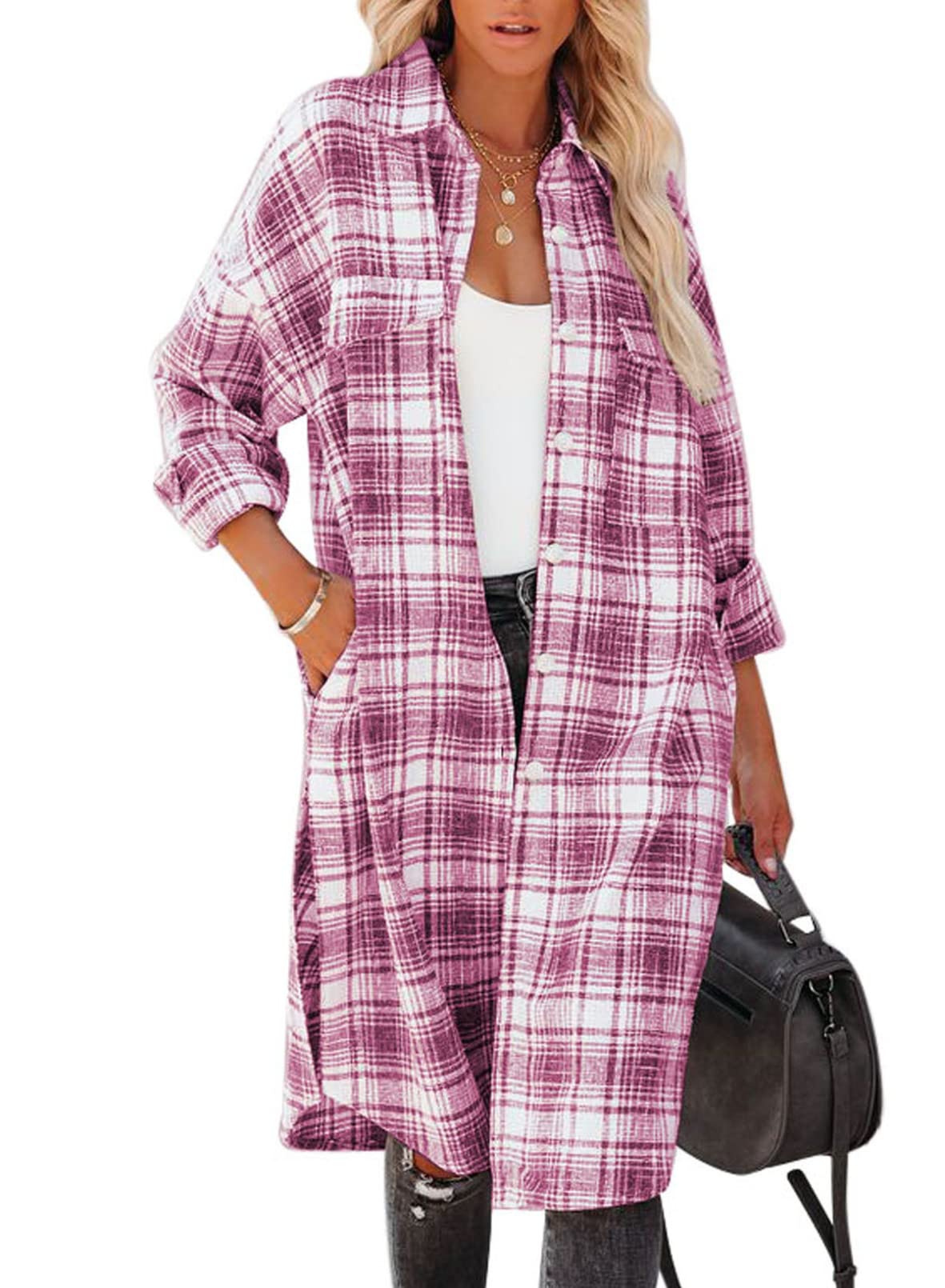 Dokotoo Womens 2023 Fall Clothes Button Down Plaid Long Cardigans Shacket Jacket Long Sleeve ...