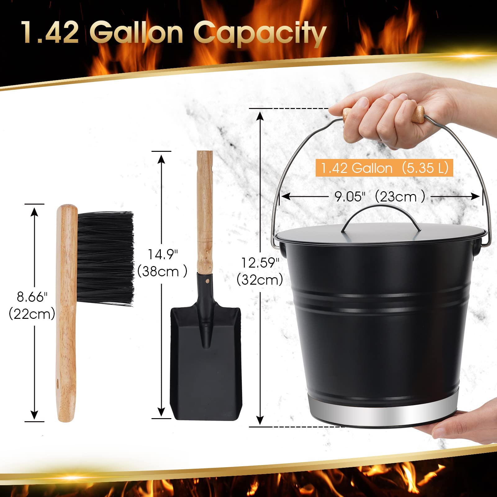 Mini Ash Bucket with Lid,Shovel & Hand Broom,Galvanized Steel Metal ...