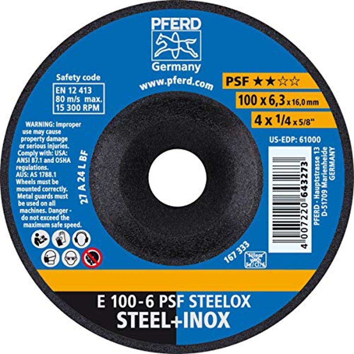 4" x 1/4" Grinding Wheel, 5/8" AH A 24 L PSF-INOX - Type 27: Abrasive ...