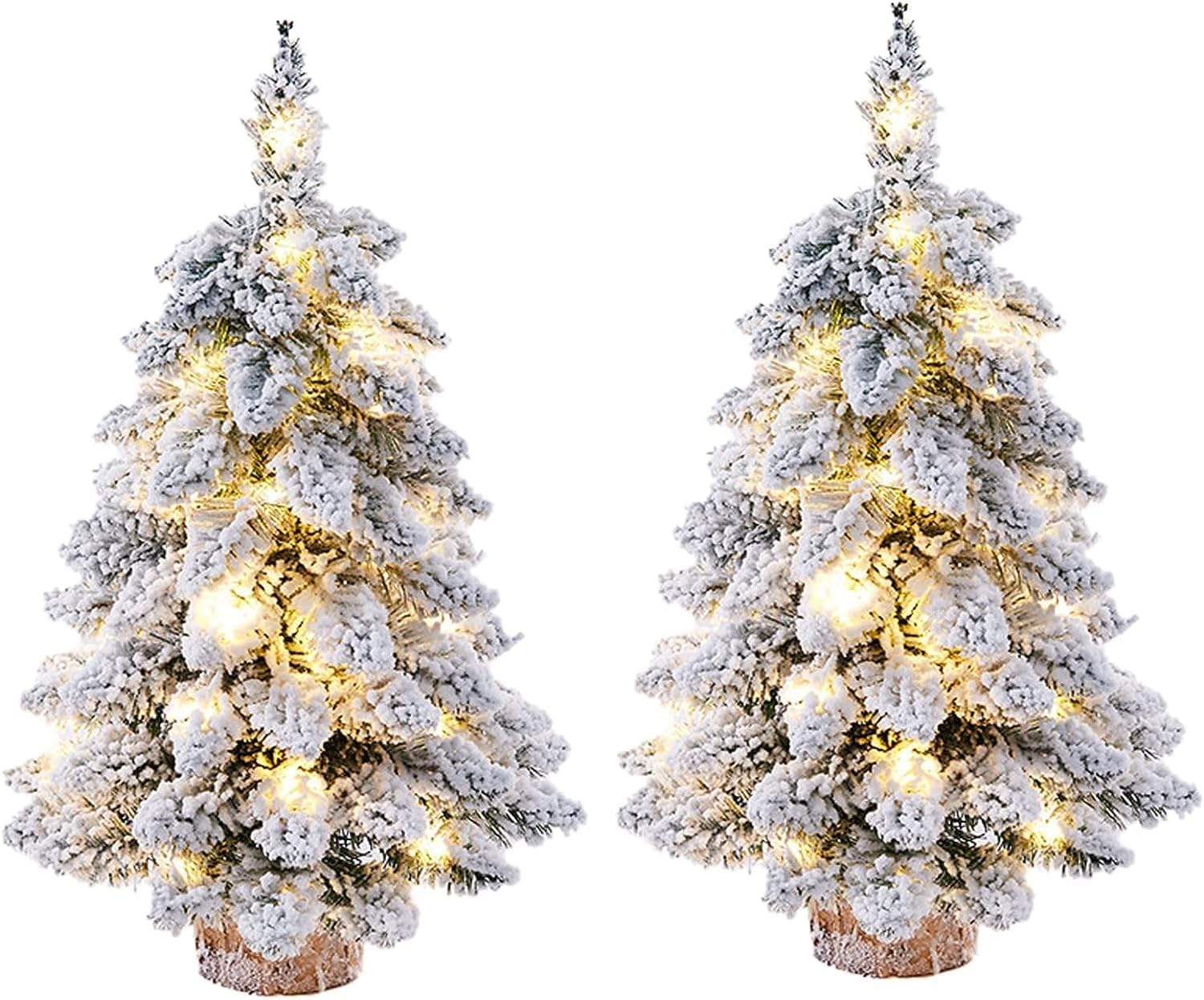 Amazon.com: PRTECY 2 Pcs Prelit Tabletop Christmas Tree Snow Flocked ...