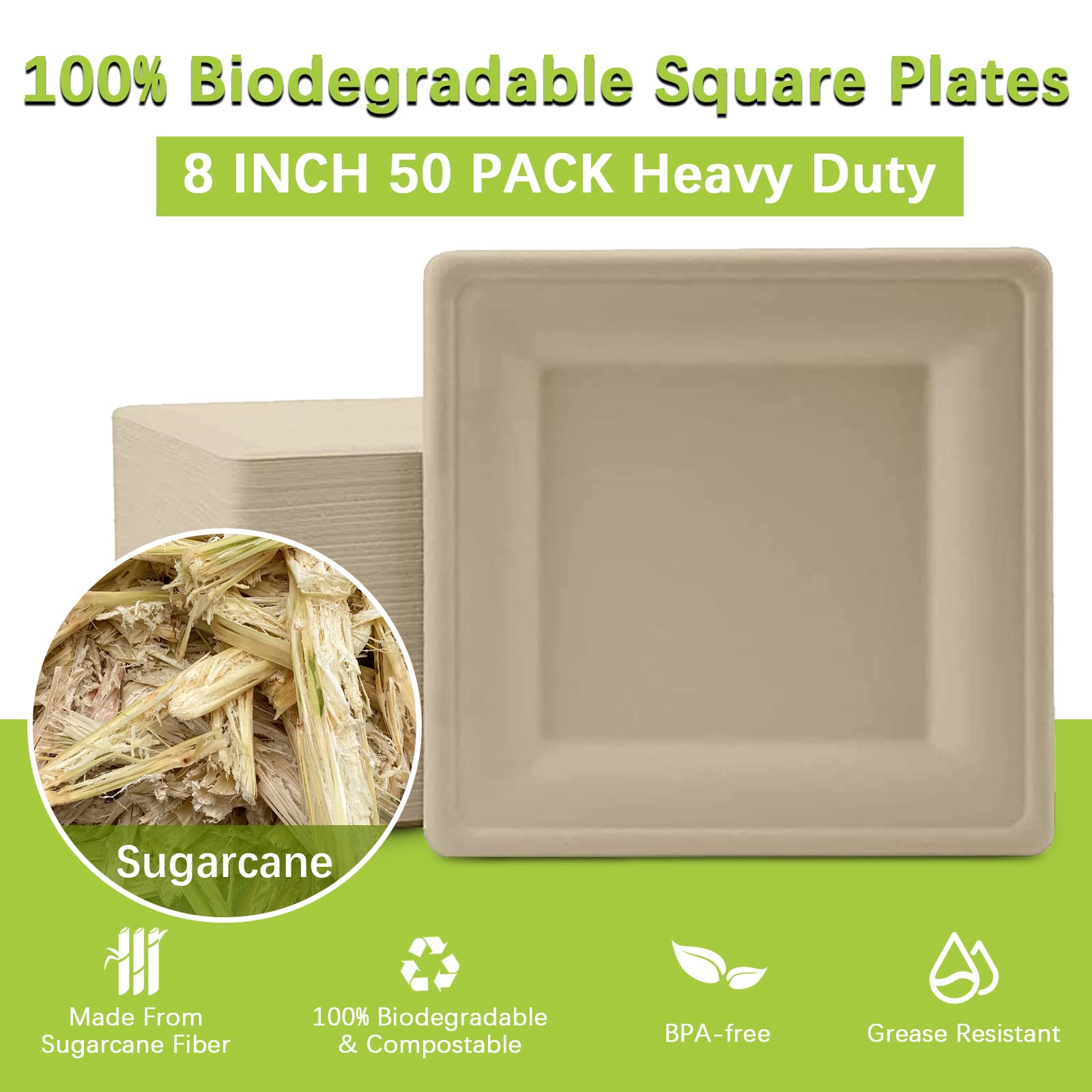Snapklik.com : 8 Inch Compostable Paper Plates, 50 Pack Square ...