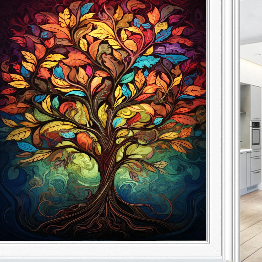 Amazon.com: Dunmat Vintage Tree Window Film Sun Blocking Colorful Leaf ...