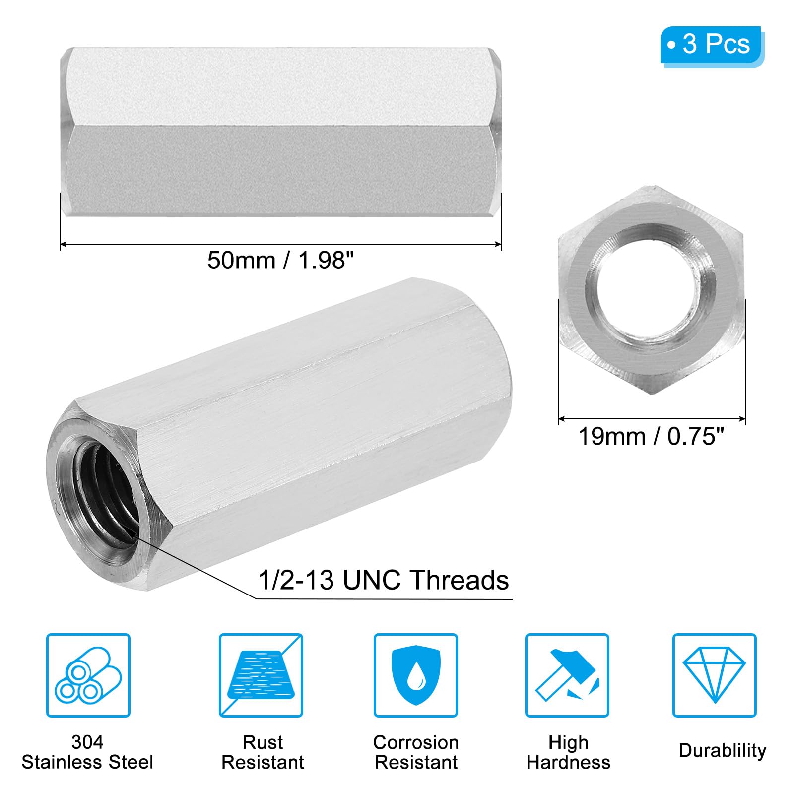 PATIKIL 1/2″-13 UNC 304 Stainless Steel Hex Coupling Nuts, 3Pcs 2 ...