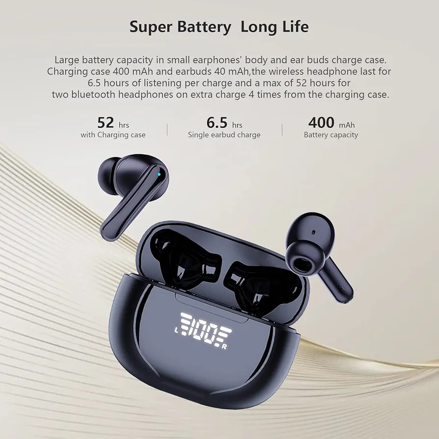 Wireless Earbuds Bluetooth Headphones 52H Playtime Ear Buds with LED ...