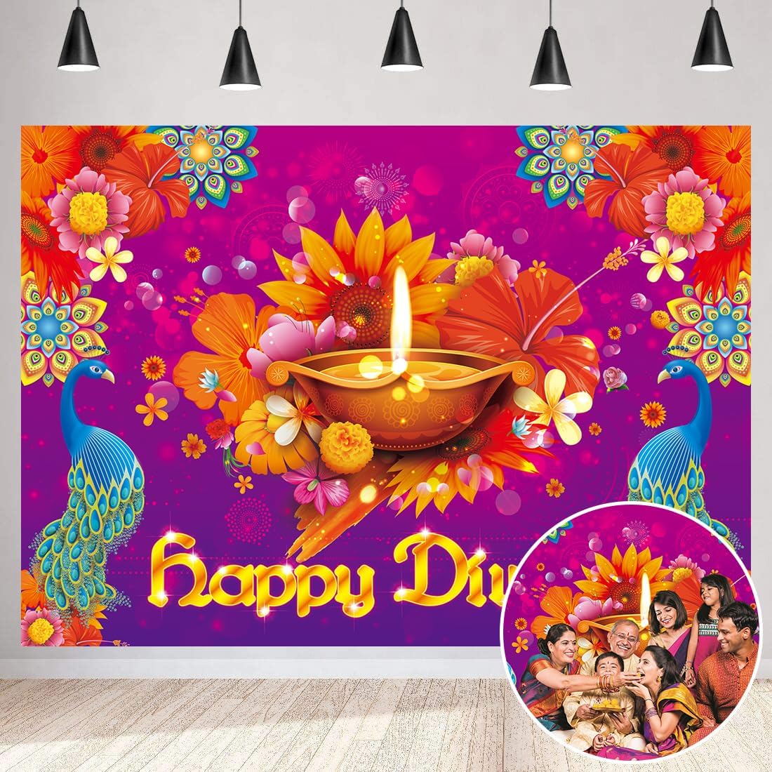Amazon.com : Happy Diwali Backdrop Purple Rangoli Lantern Peacock India ...