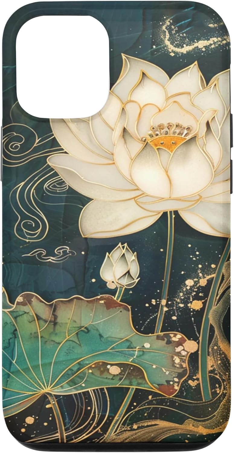 Amazon.com: iPhone 15 Zen Lotus Flower Golden Floral Full Moon Stained ...