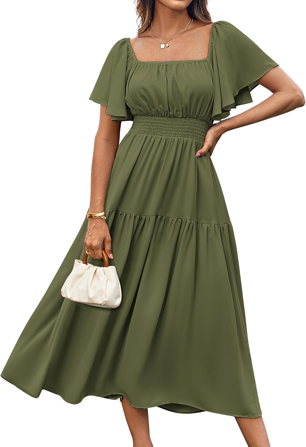 GRACE KARIN Women's Summer Square Neck Short Ruffle Sleeve Solid Color ...