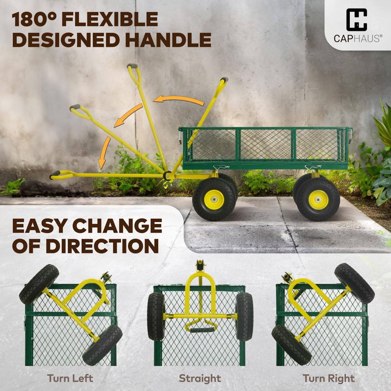 Snapklik.com : Metal Green Garden Cart, W/ 180 Adjustable Yellow Handle ...