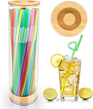 Amazon.com: Acrylic Straw Organizer with Bamboo Lid, 12-Inch Dispenser ...