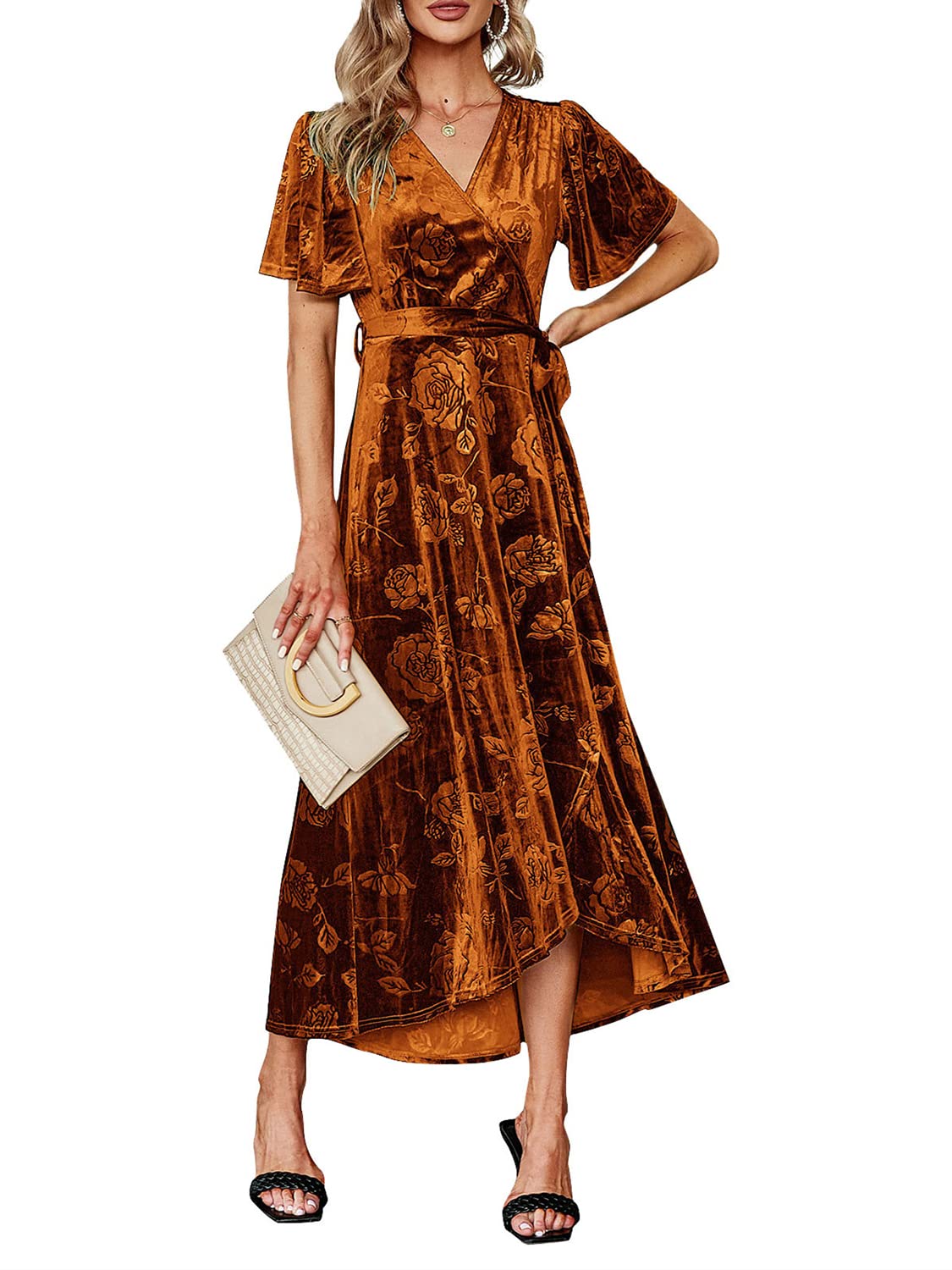 BerryGo Women's Velvet Floral Pattern Semi Formal Wrap Dress Ruffle ...