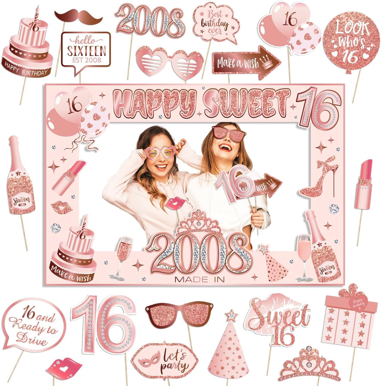 Amazon.com: LaVenty Rose Gold 16th Birthday Party Photo Booth Props ...