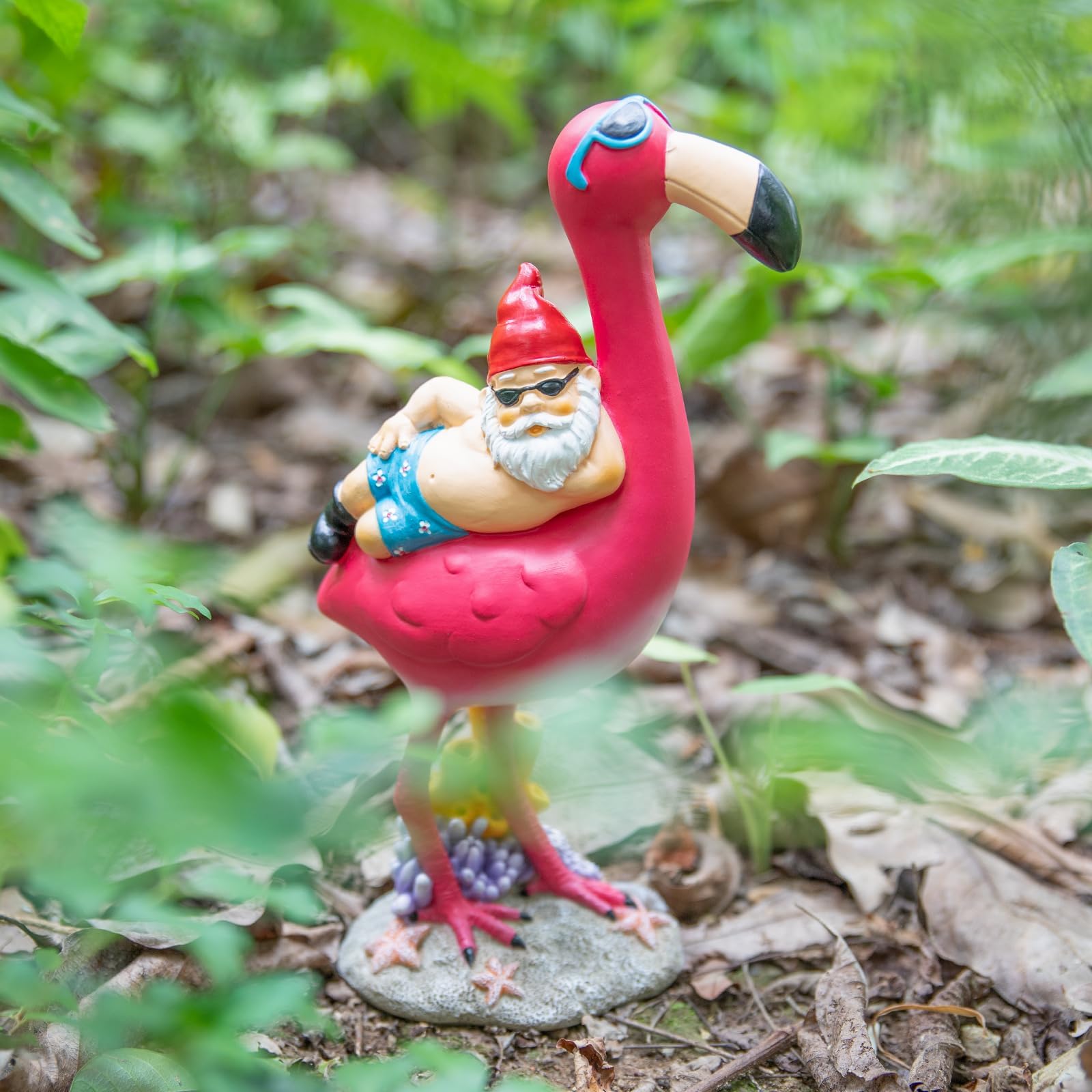 Amazon.com : Mood Lab Garden Gnome on Flamingo - Funny Gnome Figurine ...