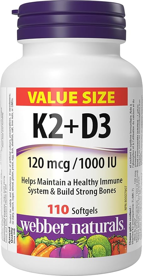 Webber Naturals Vitamin K2 with D3, 110 Softgels, MK-7 Formula, Helps ...
