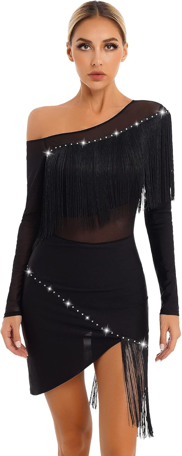 Amazon.com: Freebily Women's Latin Dance Costume Rhinestone Shiny ...