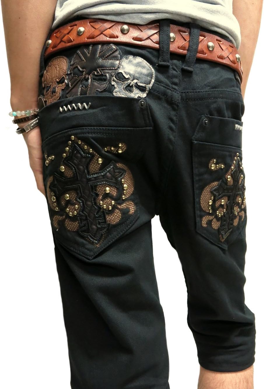 Amazon | 【2014/春夏モデル】クラウド72(CLOUD72)メンズ#816-3ハーフパンツ(ストレッチ)ブラックデニム スタッズ 髑髏 ドクロ クロス 十字架 ジーンズ 短パン お ...