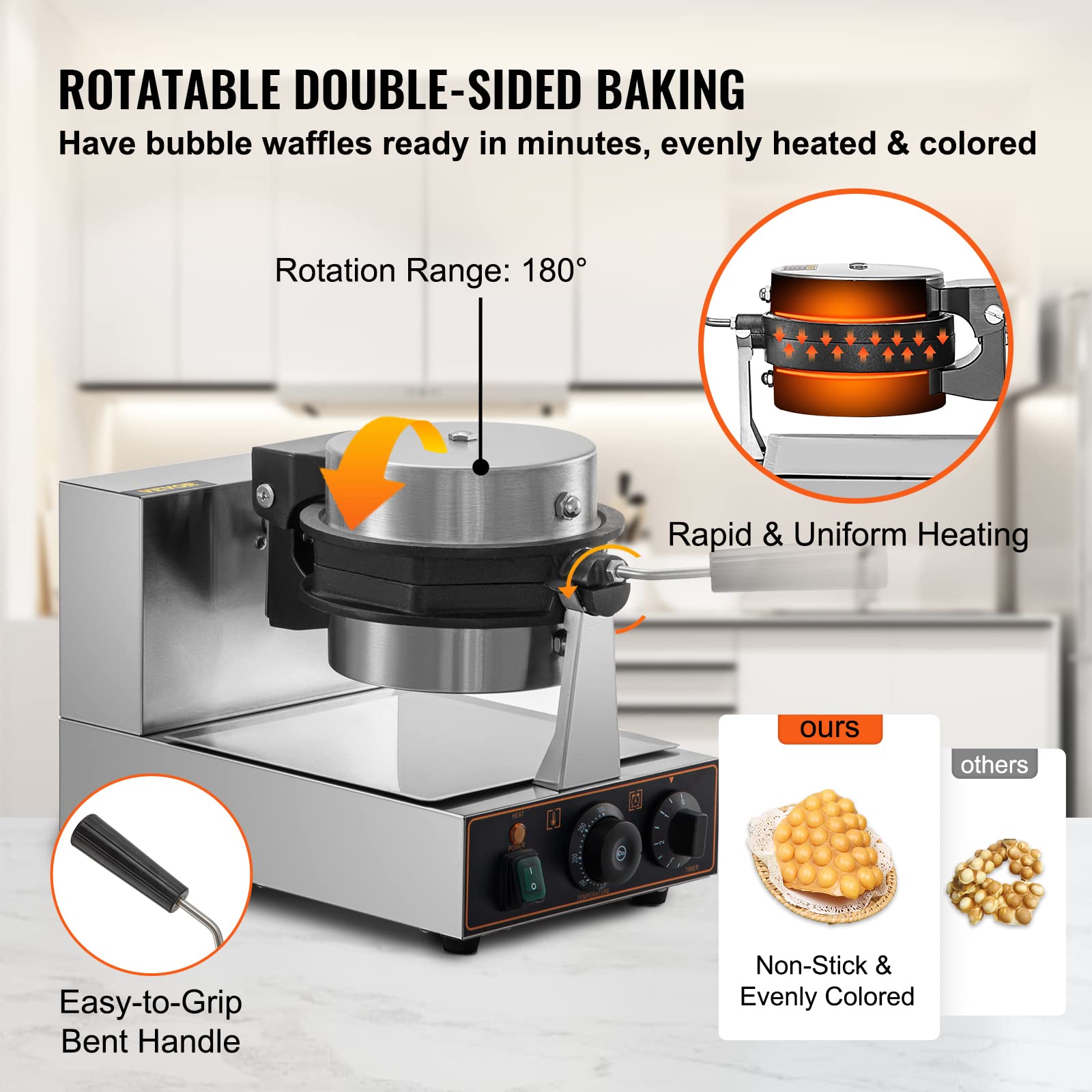 VEVOR Commercial Bubble Waffle Maker, 1200W, Hexagonal Egg Bubble Puff ...