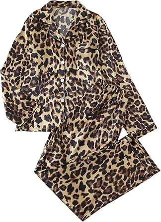 BEAUDRM Women's 2 Piece Leopard Print Satin Pajama Set Cheetah Button ...