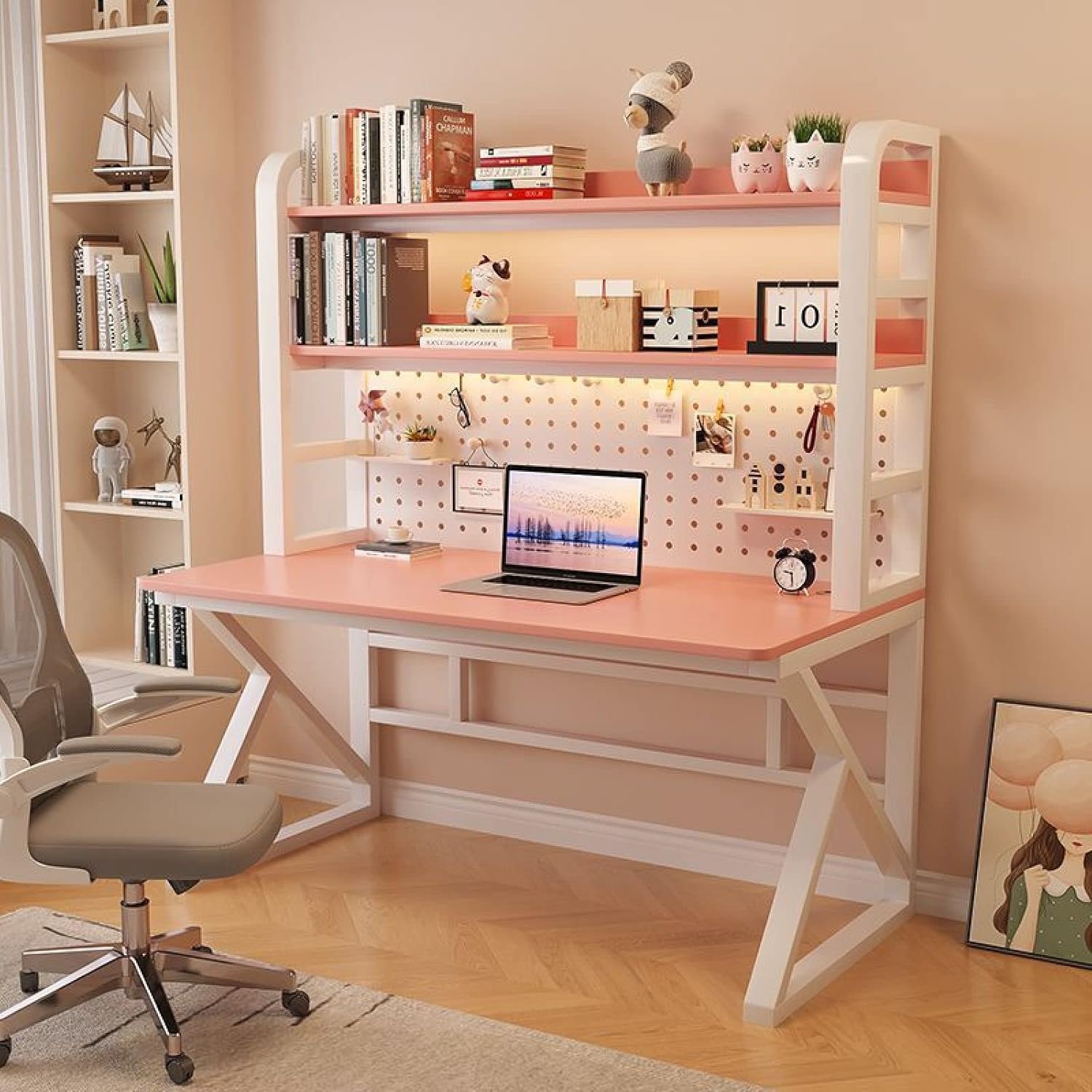 Modern Pink Computer Desk with Shelves & Pegboard for Home Office 39 ...