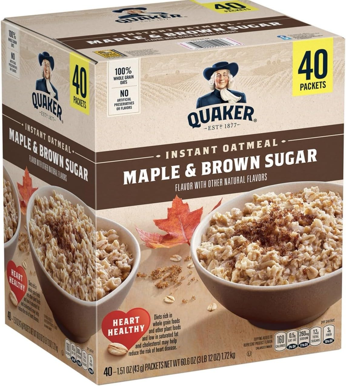 Amazon.com: Quakers Instant Oatmeal, Maple Brown Sugar Flavor, 1.51 oz ...