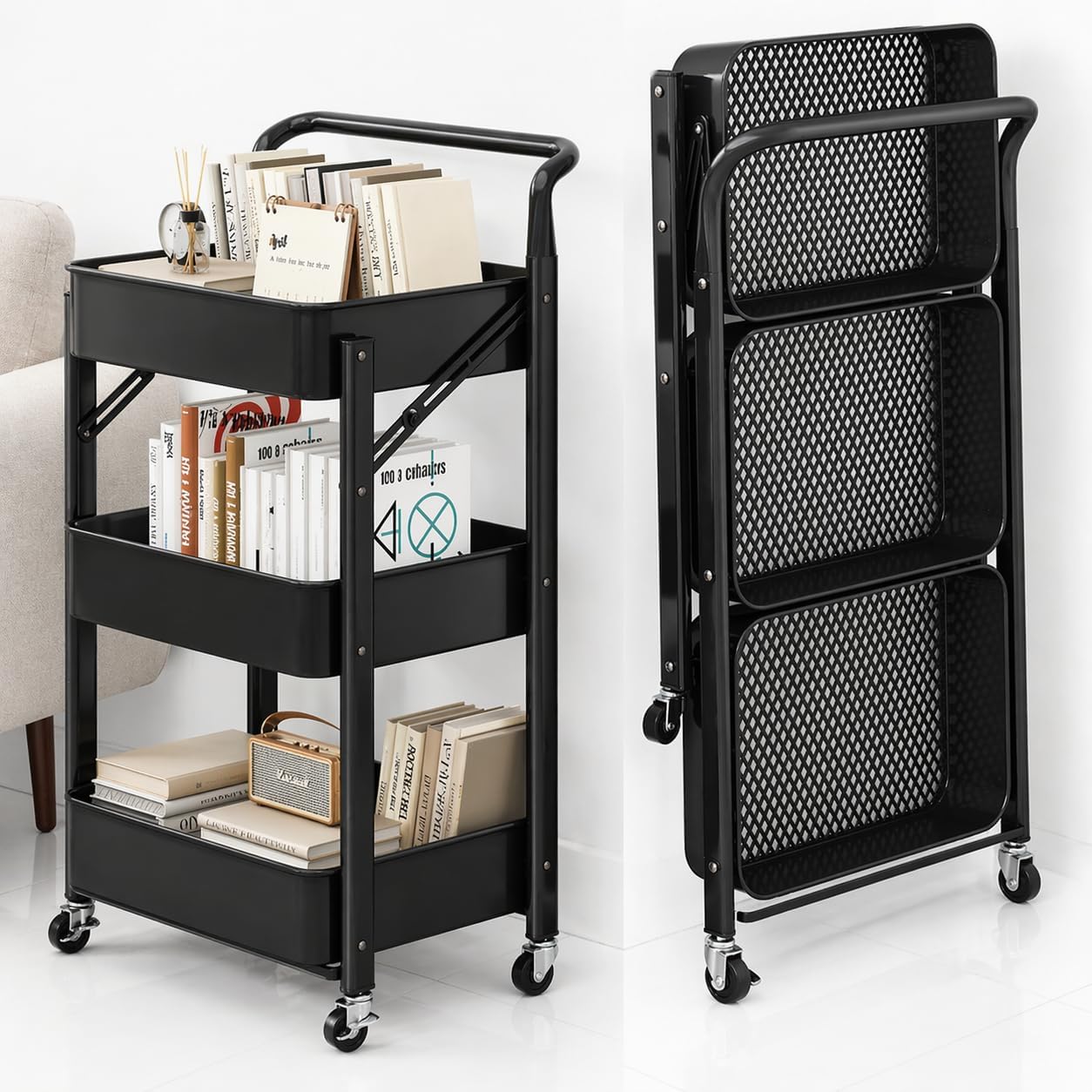 3-Tier Trolley on Wheels, Space-Saving Kitchen Trolley Foldable Cart ...