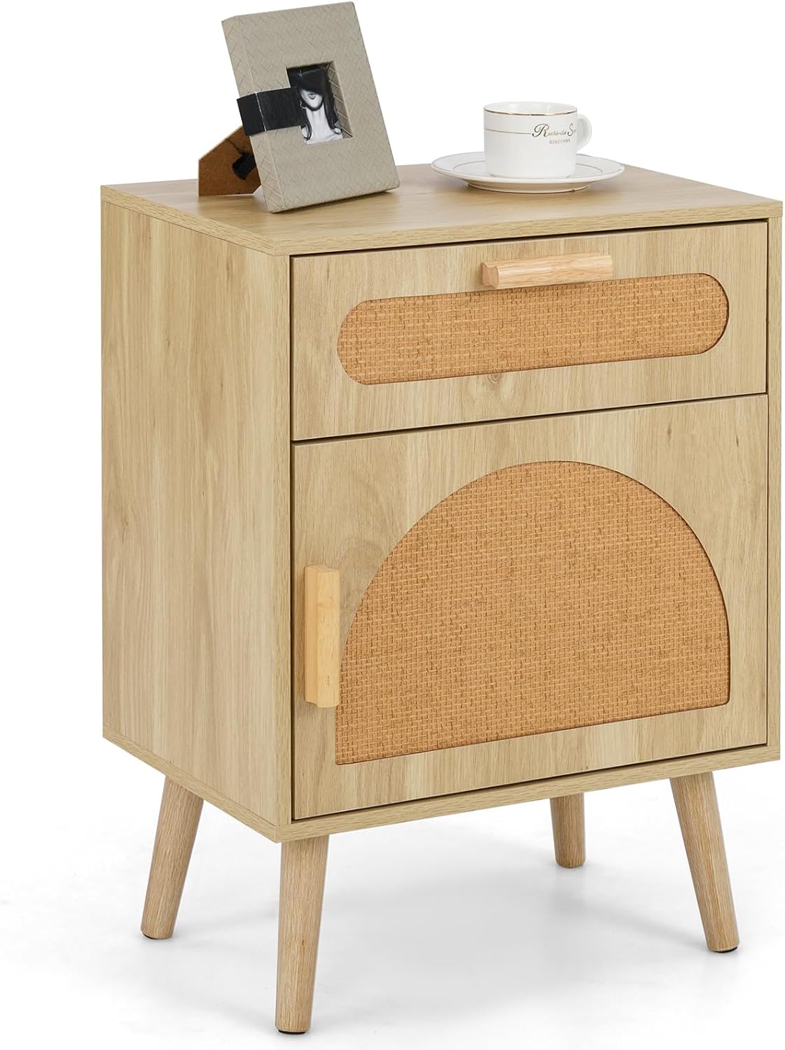 COSTWAY Rattan Bedside Table, Boho Wooden Nightstand Sofa Side Table ...