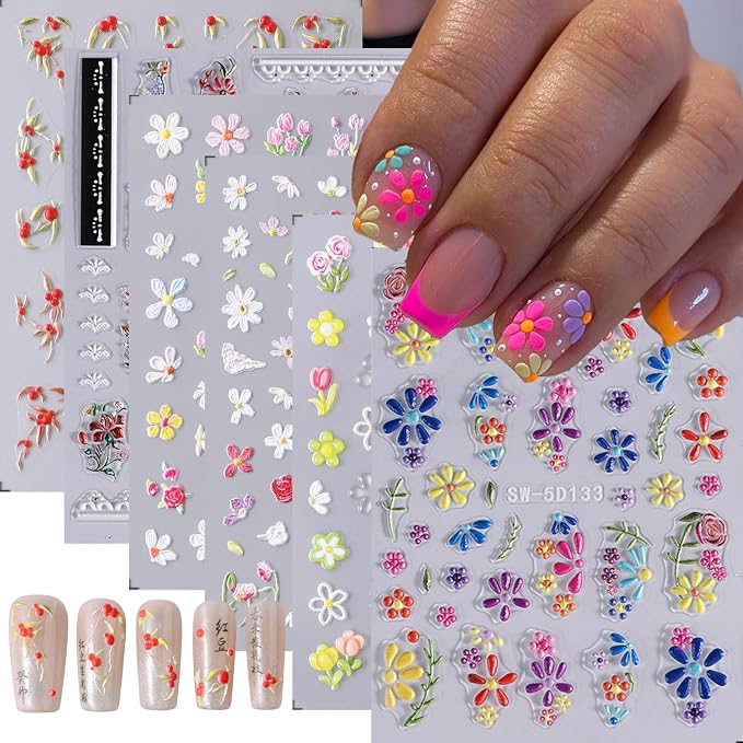 Amazon.com: 6 Sheets Colorful Flower Nail Stickers for Nail Art Design ...
