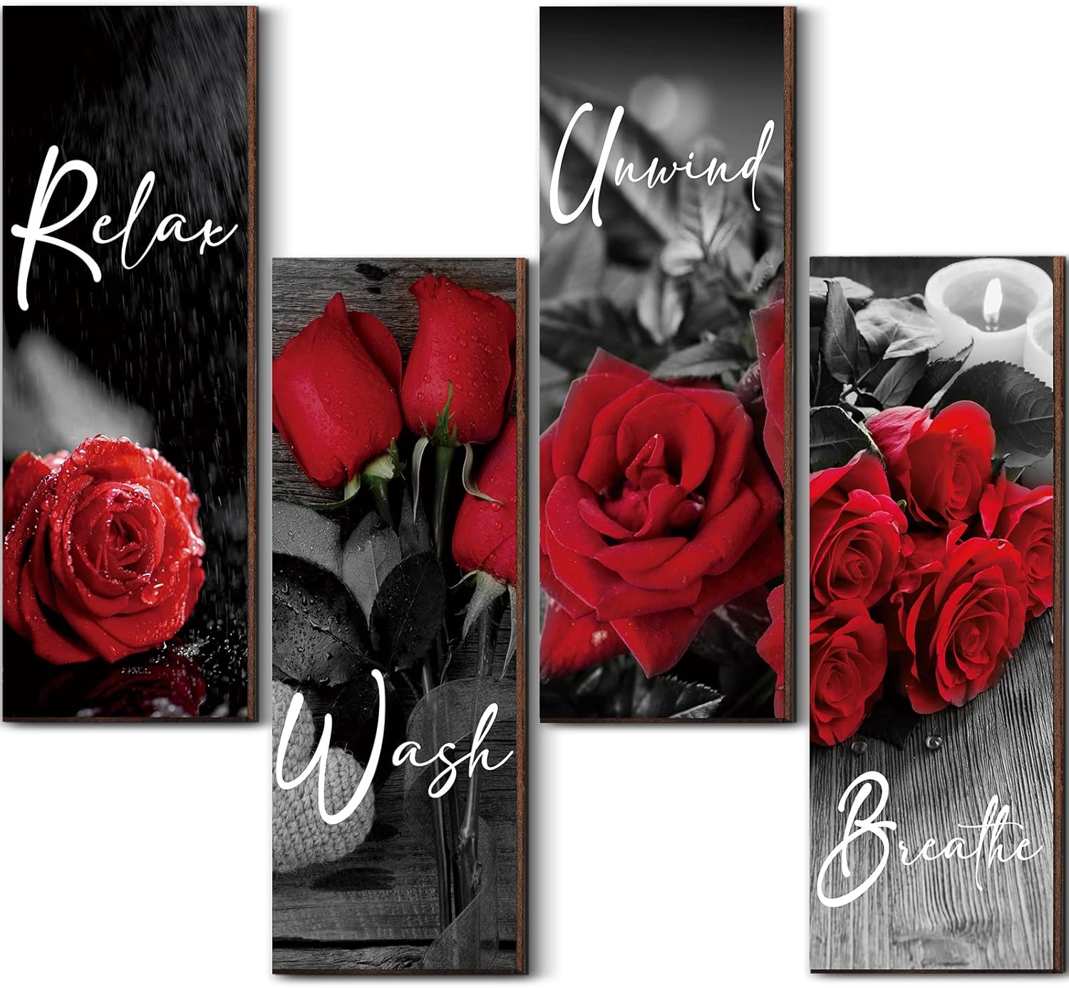 Amazon.com: Yookeer Set of 4 Rose Bathroom Wall Art Wooden Flower ...