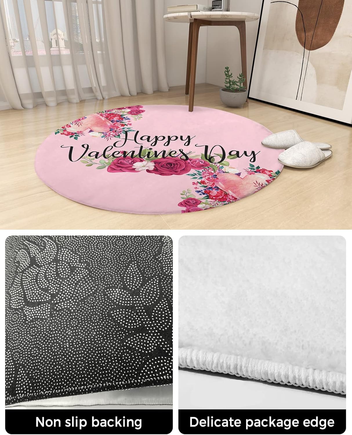 Valentines Rose Fluffy Round Area Rug Carpets 3ft Red Pink Love Flower ...