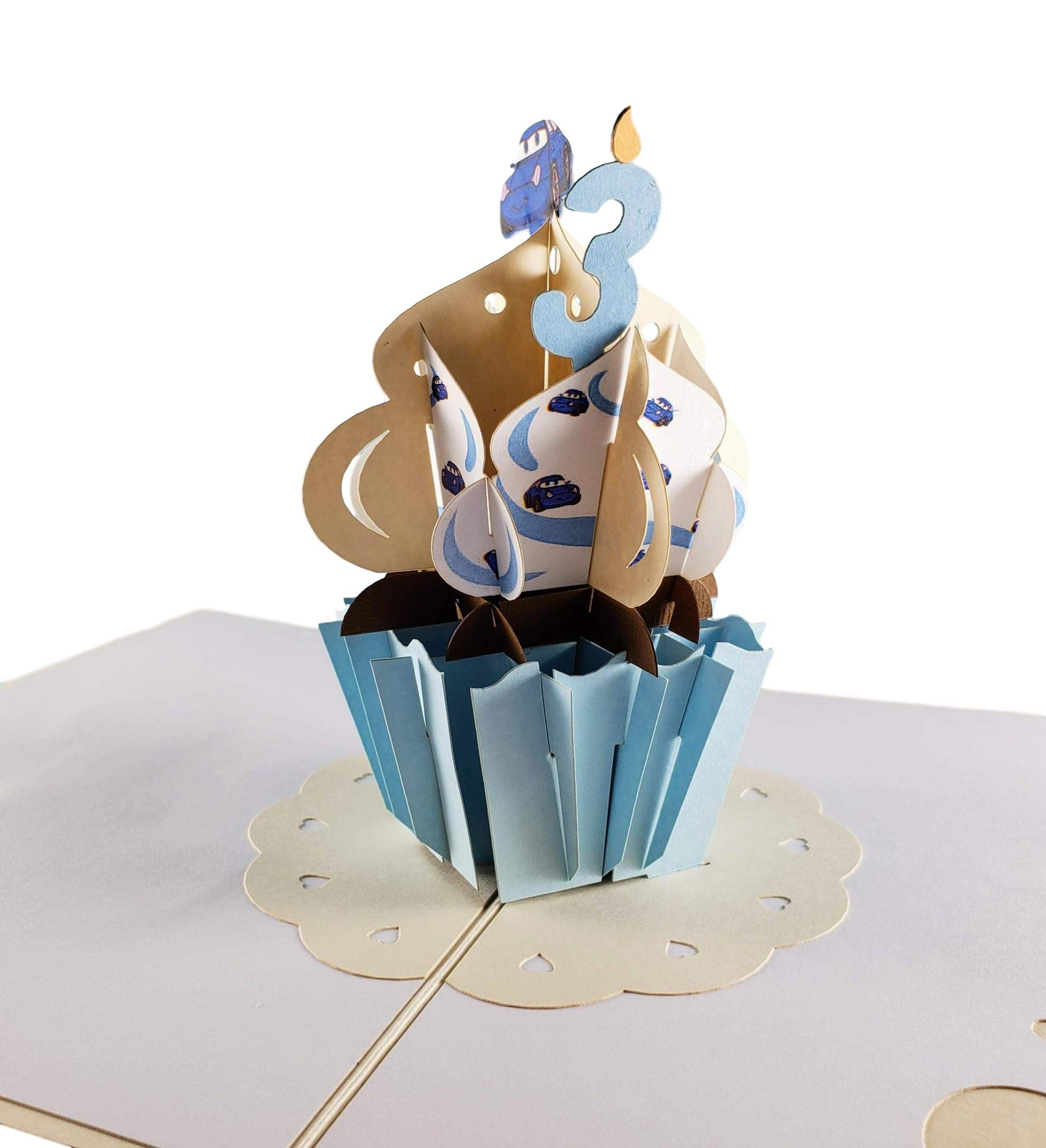 Amazon.com : iGifts And Cards 3rd Birthday Blue Cars Themed Cupcake 3D ...