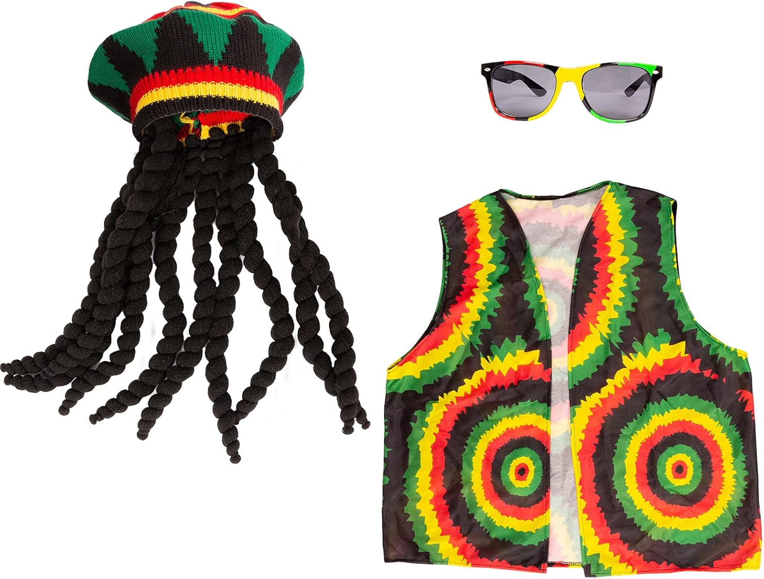 Amazon.com: Tigerdoe Rasta Hat with Black Dreadlock Wig - 3 Pc Set ...