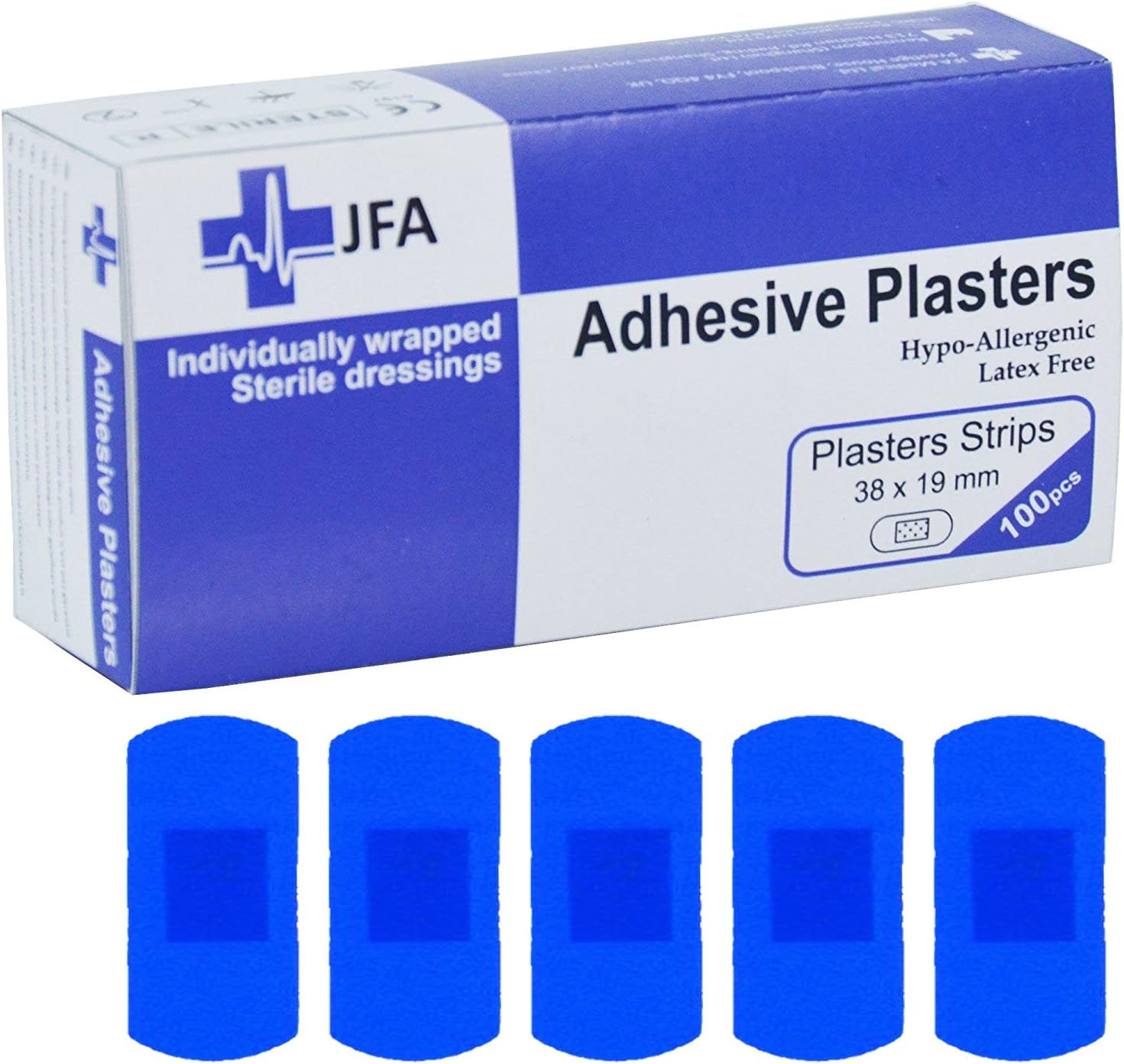 JFA Medical Blue Small Strip Plasters 19 x 38mm 100 Plasters Per Pack ...