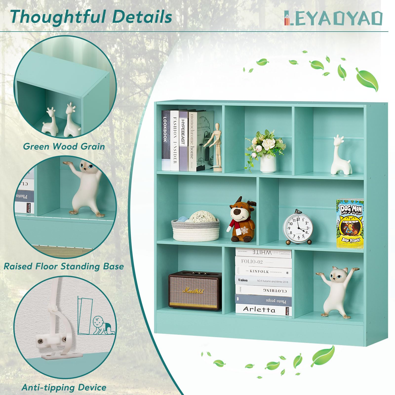 LEYAOYAO 8 Cube Bookshelf with Base,3 Tier Modern Mint-Green Kids ...