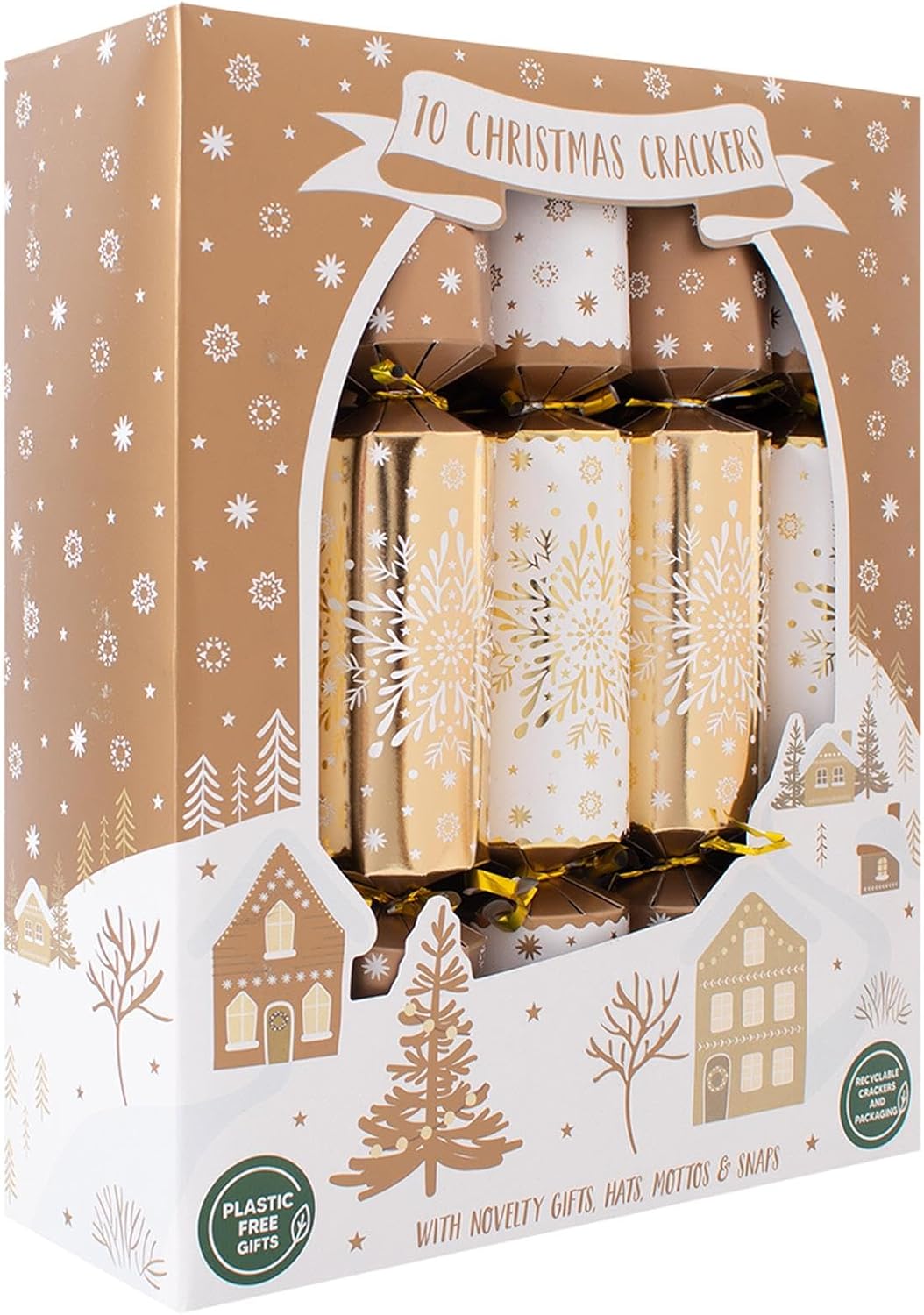RSW Box 10 Family Christmas Crackers White & Gold Snowflake Plastic ...